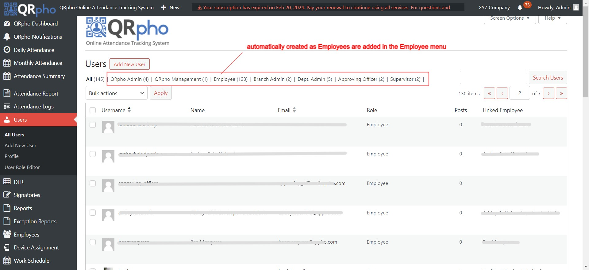Users Menu | QRpho Online Attendance Tracking System
